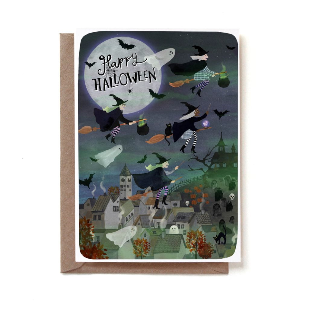 Happy Halloween Card with Witches and Ghosts Design – Blank Inside for ...