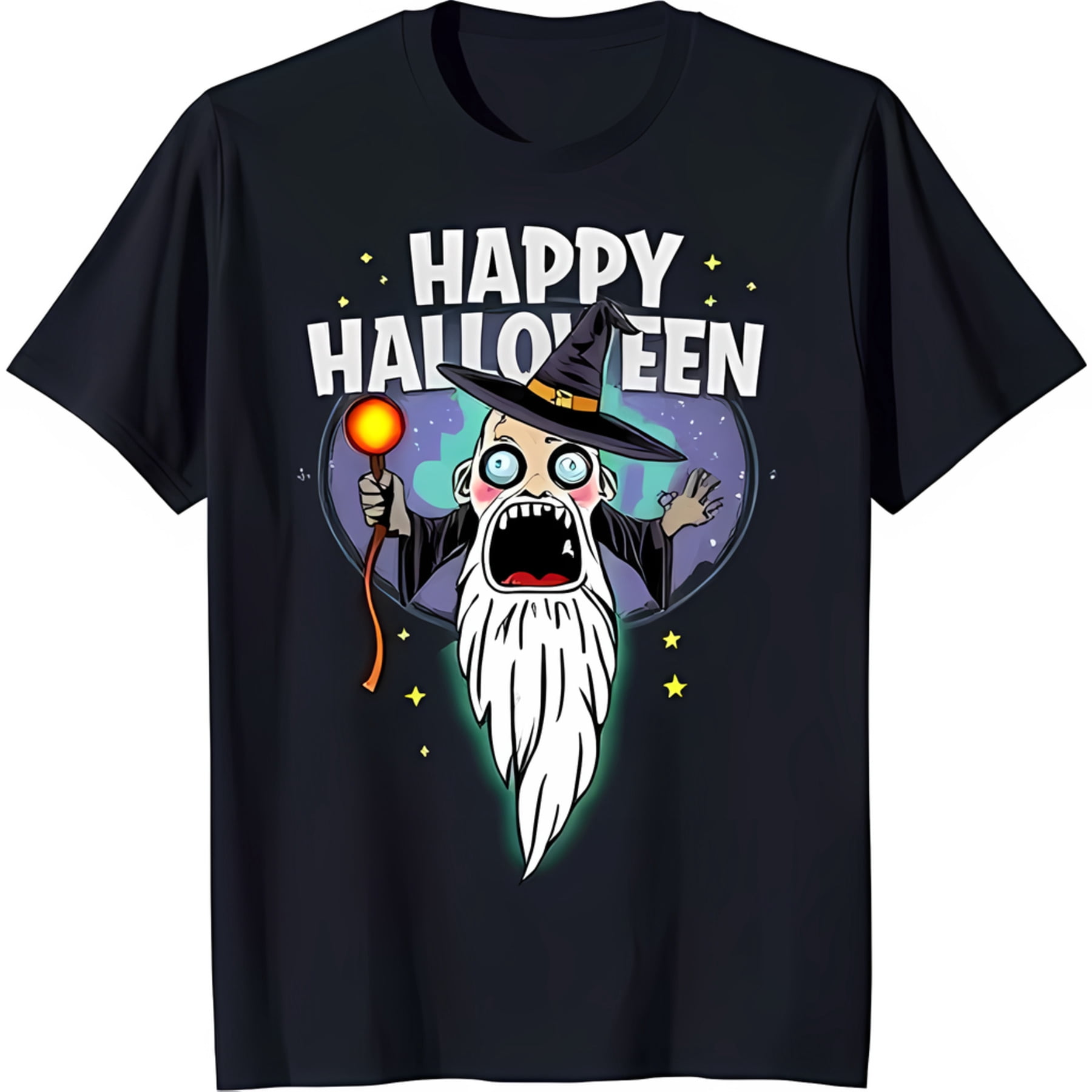 Happy Halloween Cartoon Wizard T-Shirt Black Tee with Surprised Wizard ...