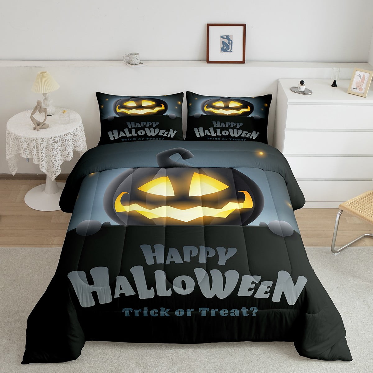 Happy Halloween Comforter Set Queen, Glowing Pumpkin Lantern Bedding ...