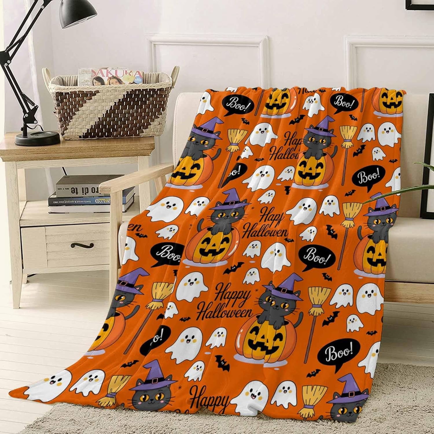 Happy Halloween Cute Pumpkin Flannel Blanket 50x60In Gray Cat Ghost ...