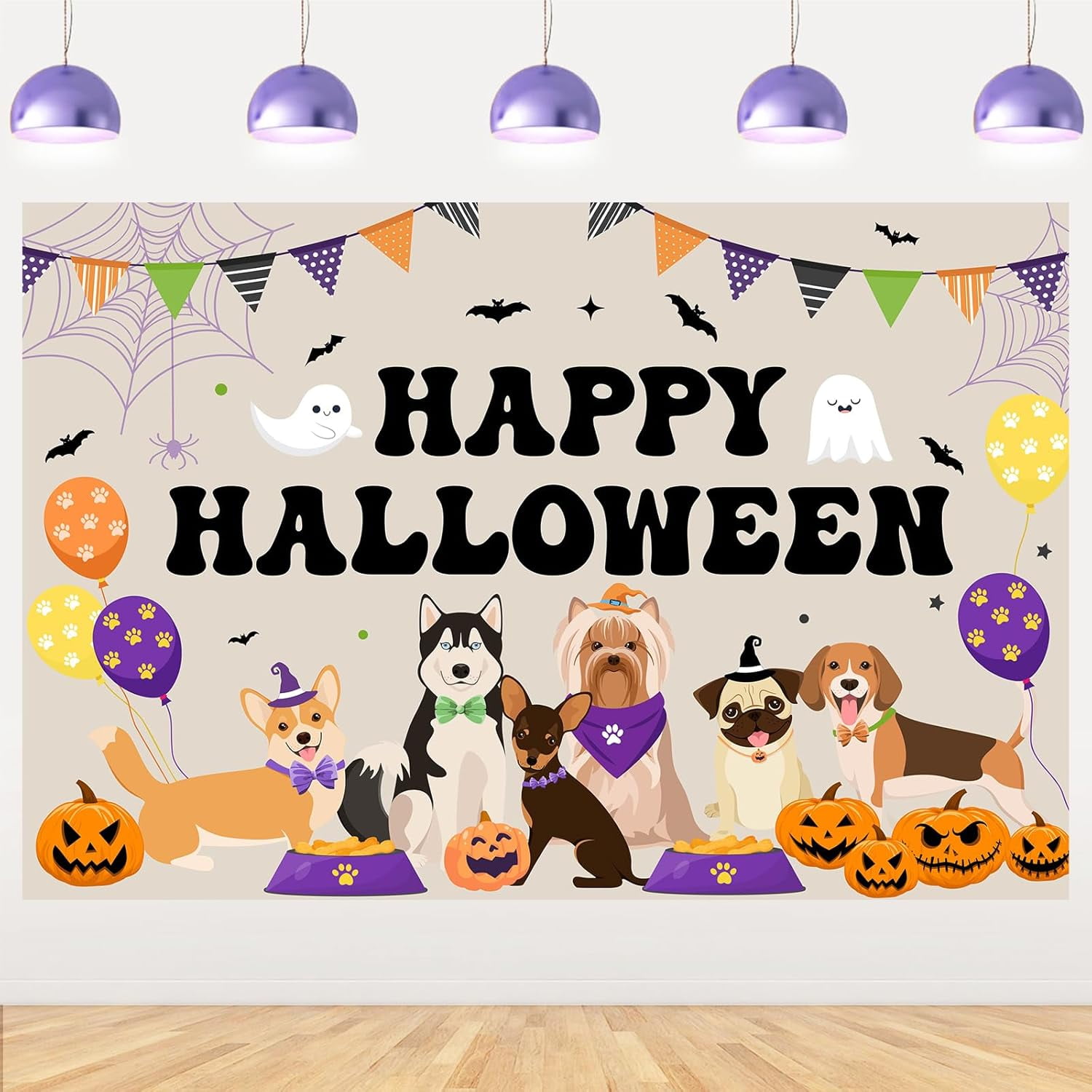 Happy Halloween Dog Backdrop Orange and Purple, Cute Dogs Theme Party ...