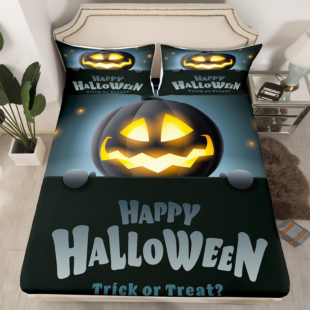 Happy Halloween Fitted Sheet Full, Glowing Pumpkin Lantern Bed Sheets ...