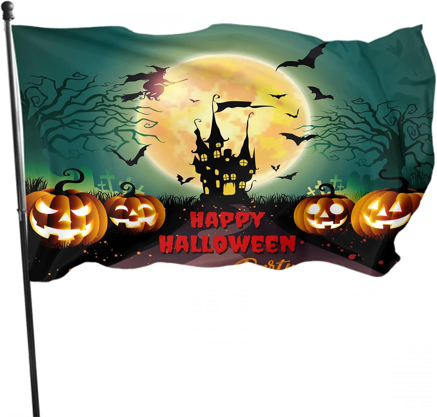 Happy Halloween Flag Outdoor,dark castle pumpkins bats evil full Moon ...