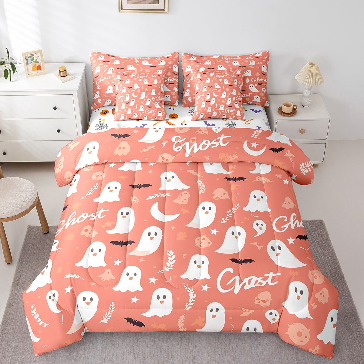 Happy Halloween Full Comforter Set 7 Piece Cute Ghost Bat Bed In A Bag ...