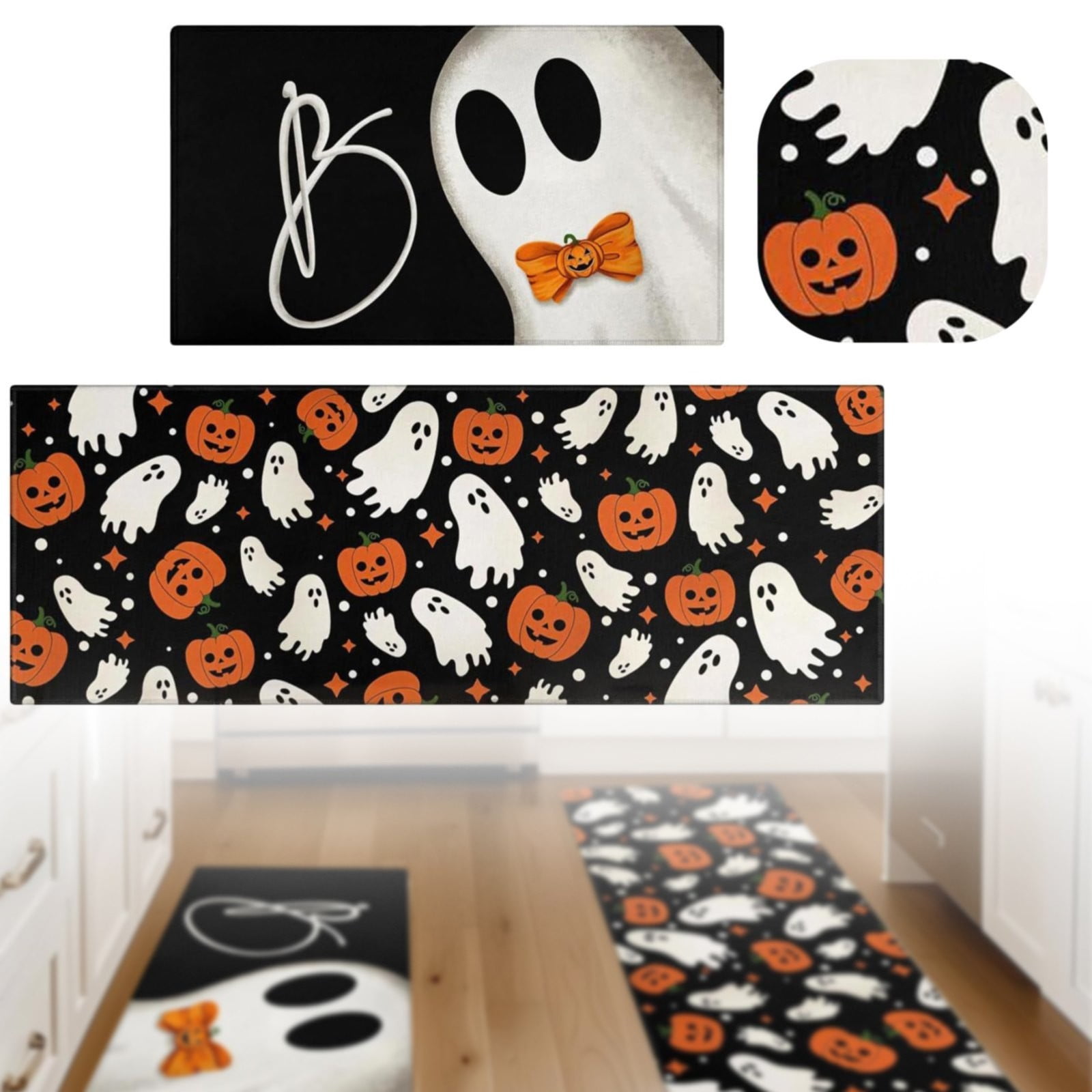 Happy Halloween Ghost Boo Kitchen Rugs Set of 2, Spooky Polka Dot ...