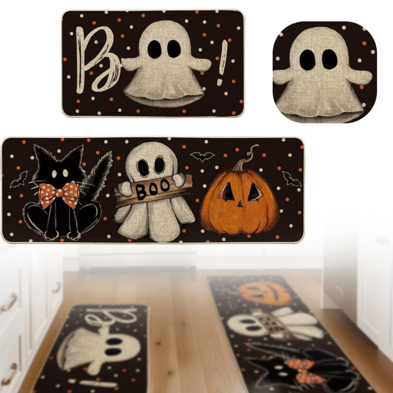 Happy Halloween Ghost Boo Kitchen Rugs Set of 2, Spooky Polka Dot ...