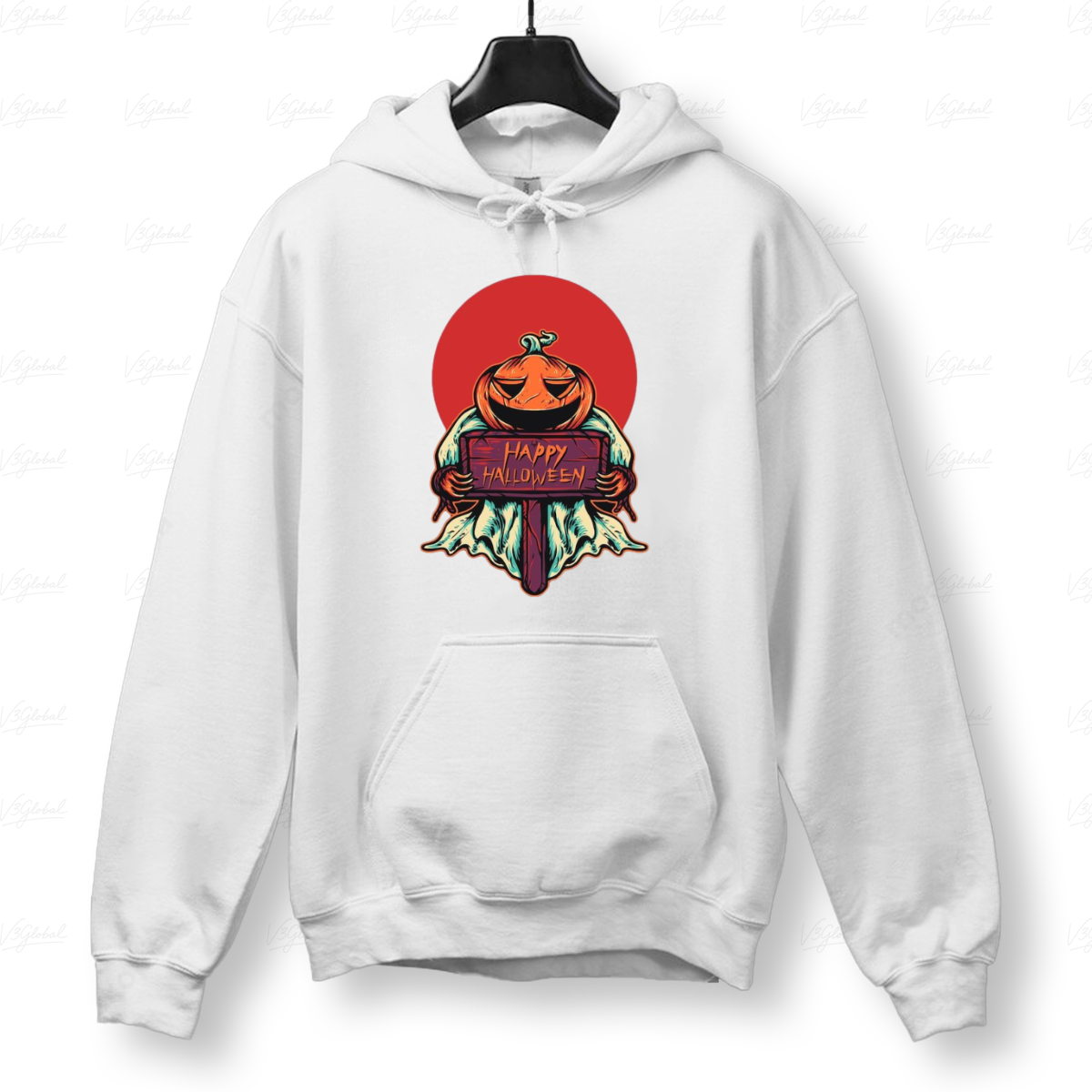 Happy Halloween Ghost Pumpkin Head Holding Sign Red Moon Art Style ...