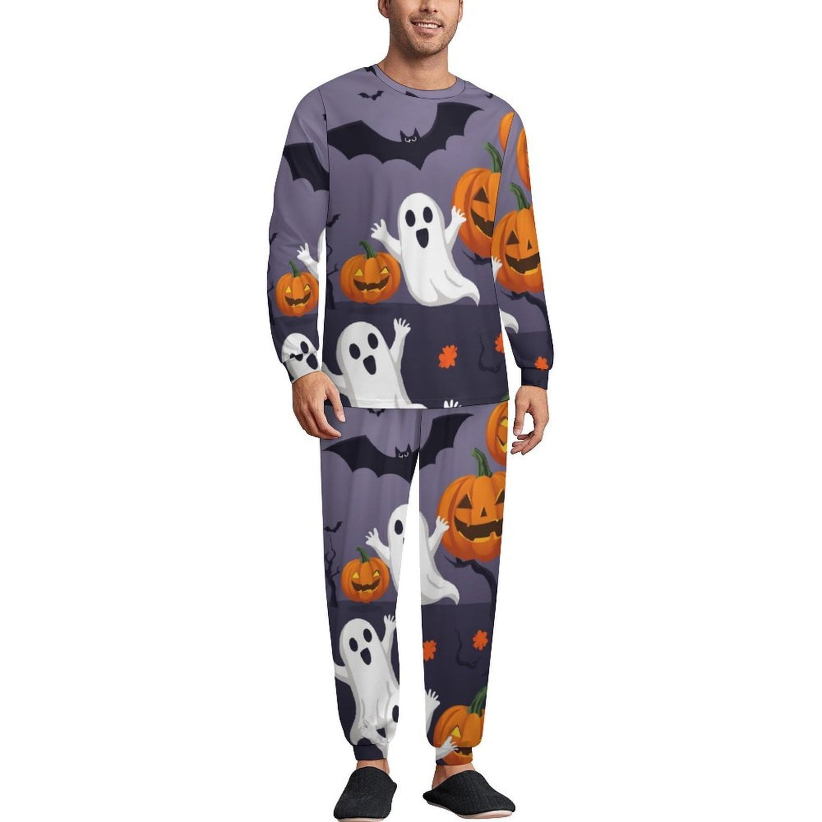 Happy Halloween Ghosts Pumpkins Pajamas Men Home Suit Winter Long ...