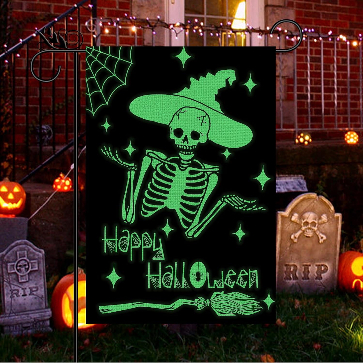 Happy Halloween Luminous Garden Flag Skeleton with Hat Cobweb Broom ...