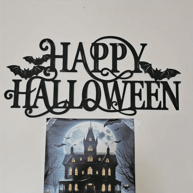 Happy Halloween Metal Sign, Spooky Haunted House Wall Decor with Bats ...