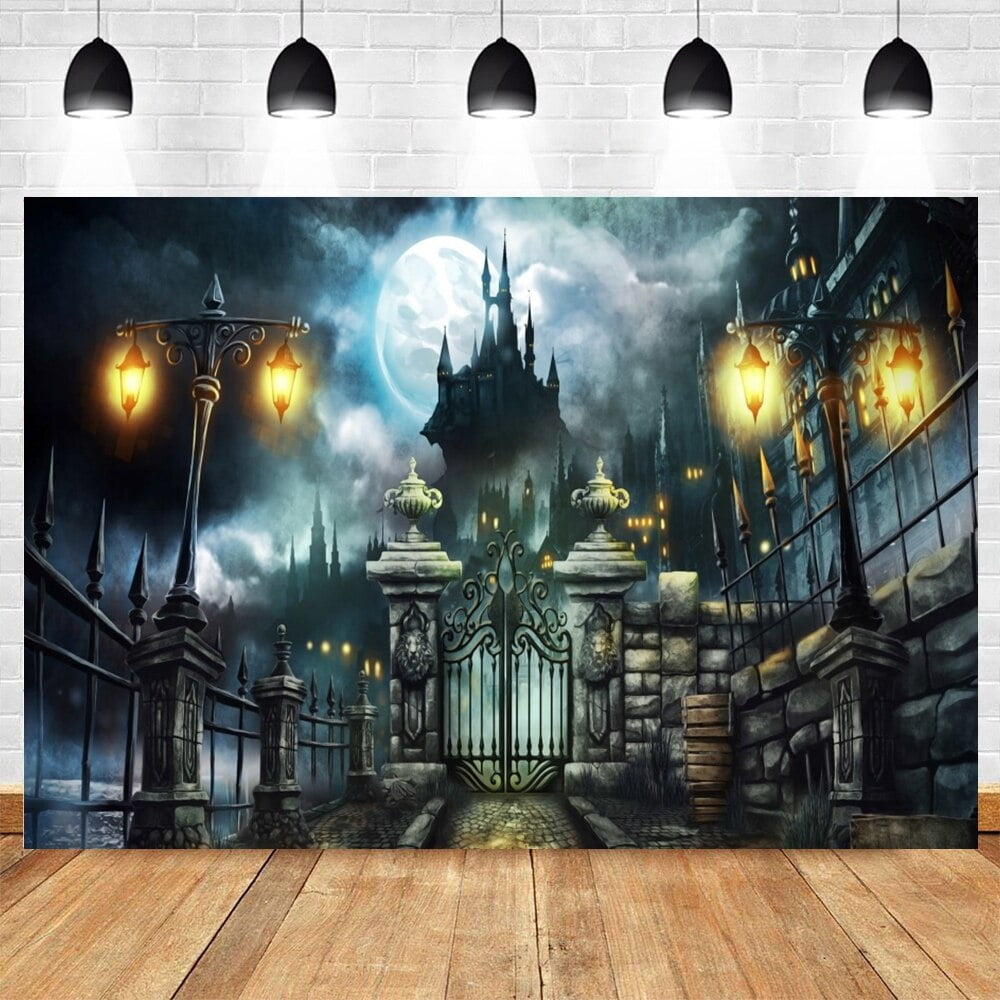 Happy Halloween Party Backdrop Decor Castle Pumpkin Bat Moon Scarecrow ...