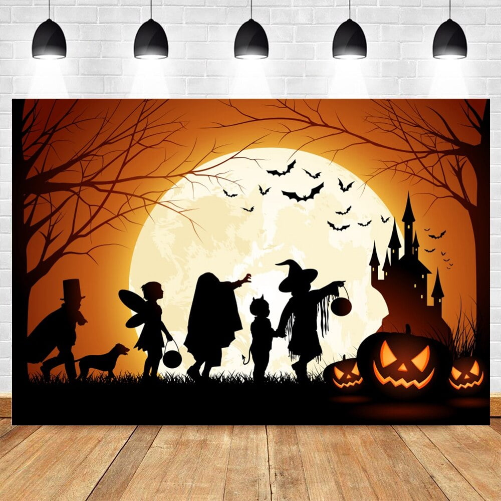 Happy Halloween Party Backdrop Decor Castle Pumpkin Bat Moon Scarecrow ...