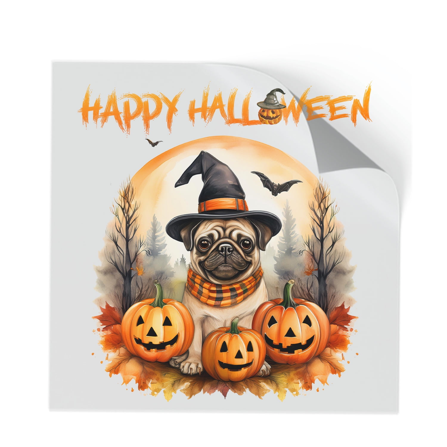 Happy Halloween Pug Witches Hat Pumpkin Carving Cutout Transfer Sticker ...
