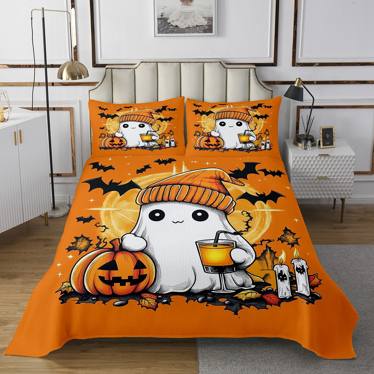 Happy Halloween Quilt Set Queen Cute Ghost Pumpkin Coverlet Set Bat ...