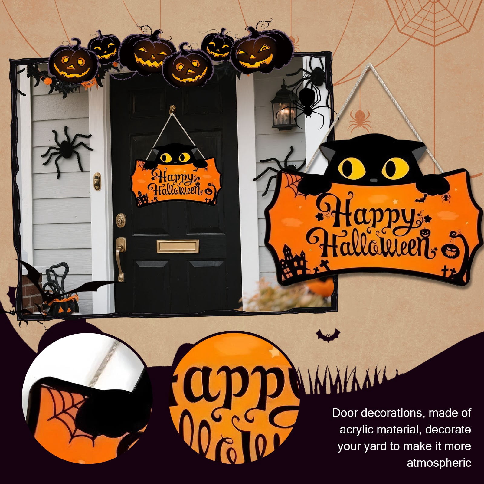 Happy Halloween Sign Front Door Cute Cat Halloween Front Door ...