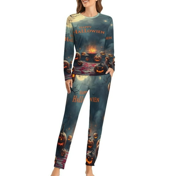 Happy Halloween Spooky Pumpkins Scene Pajamas Woman Long Sleeves Cute ...