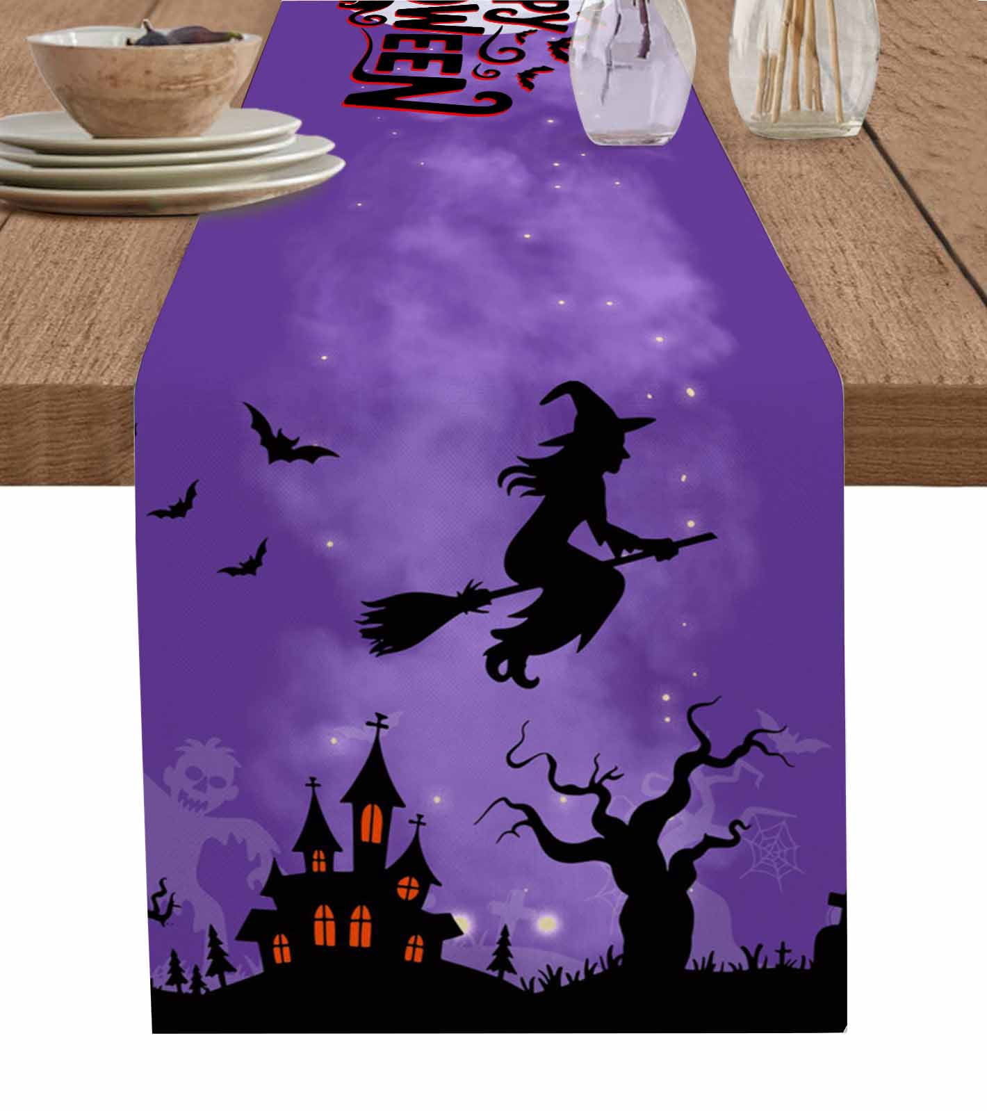 Happy Halloween Table Runner Pumpkin Witch Castle Cat Tree Purple Black ...
