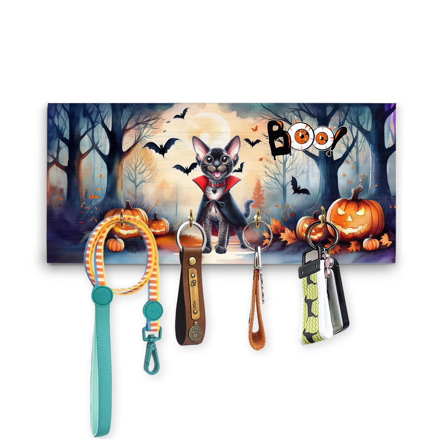 Happy Halloween Vampire Devon Rex BOO with Pumpkins Fun and Spooky Wood ...