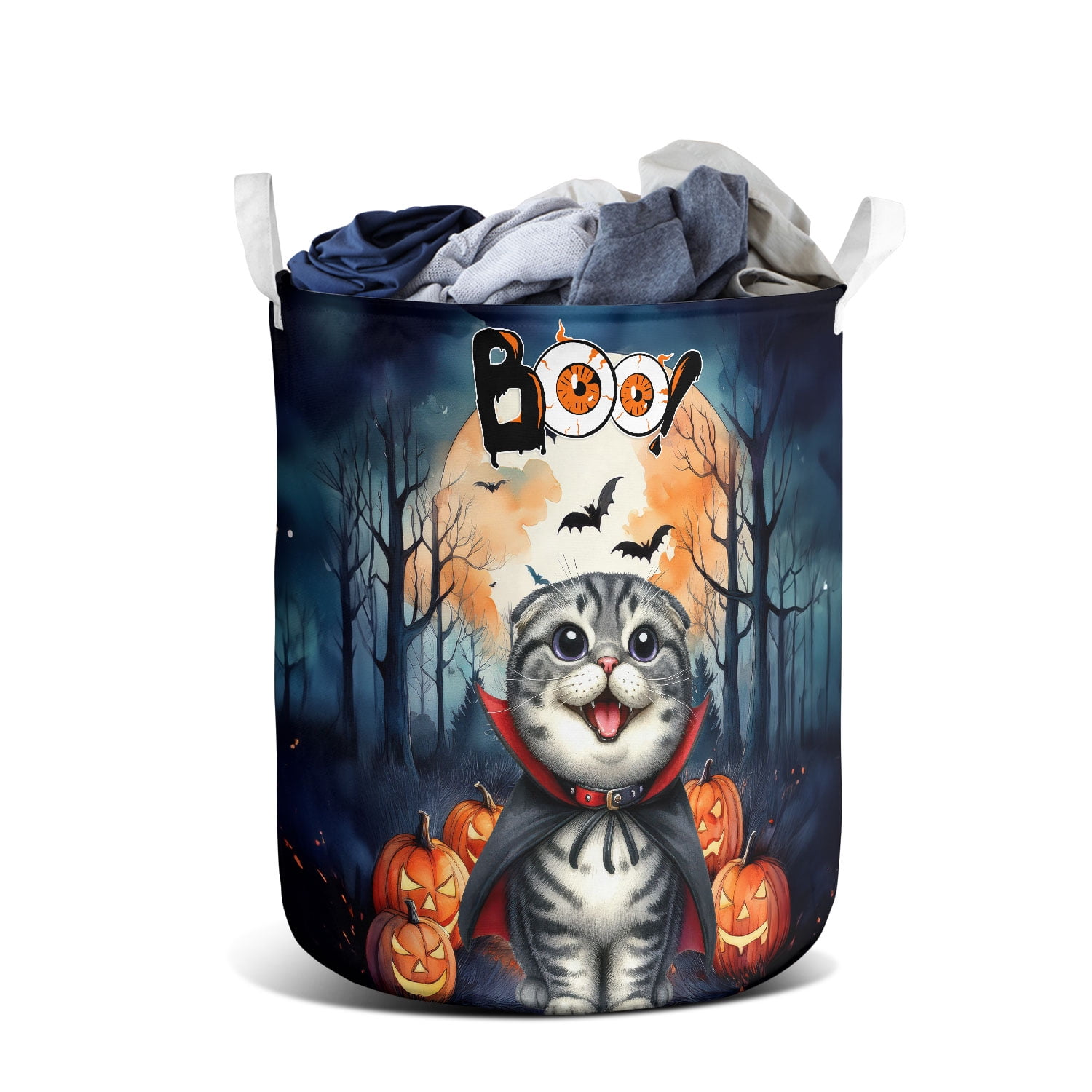 Happy Halloween Vampire Scottish Fold BOO with Pumpkins Fun and Spooky Foldable Laundry Basket ...