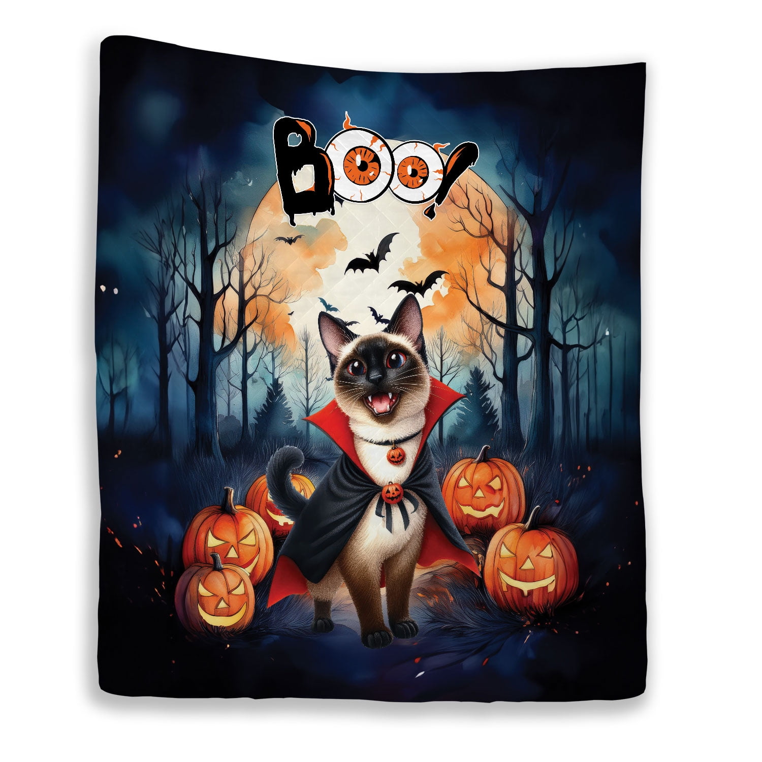 Happy Halloween Vampire Siamese BOO with Pumpkins Fun and Spooky Quilt Blanket Cat Lover Kitten ...