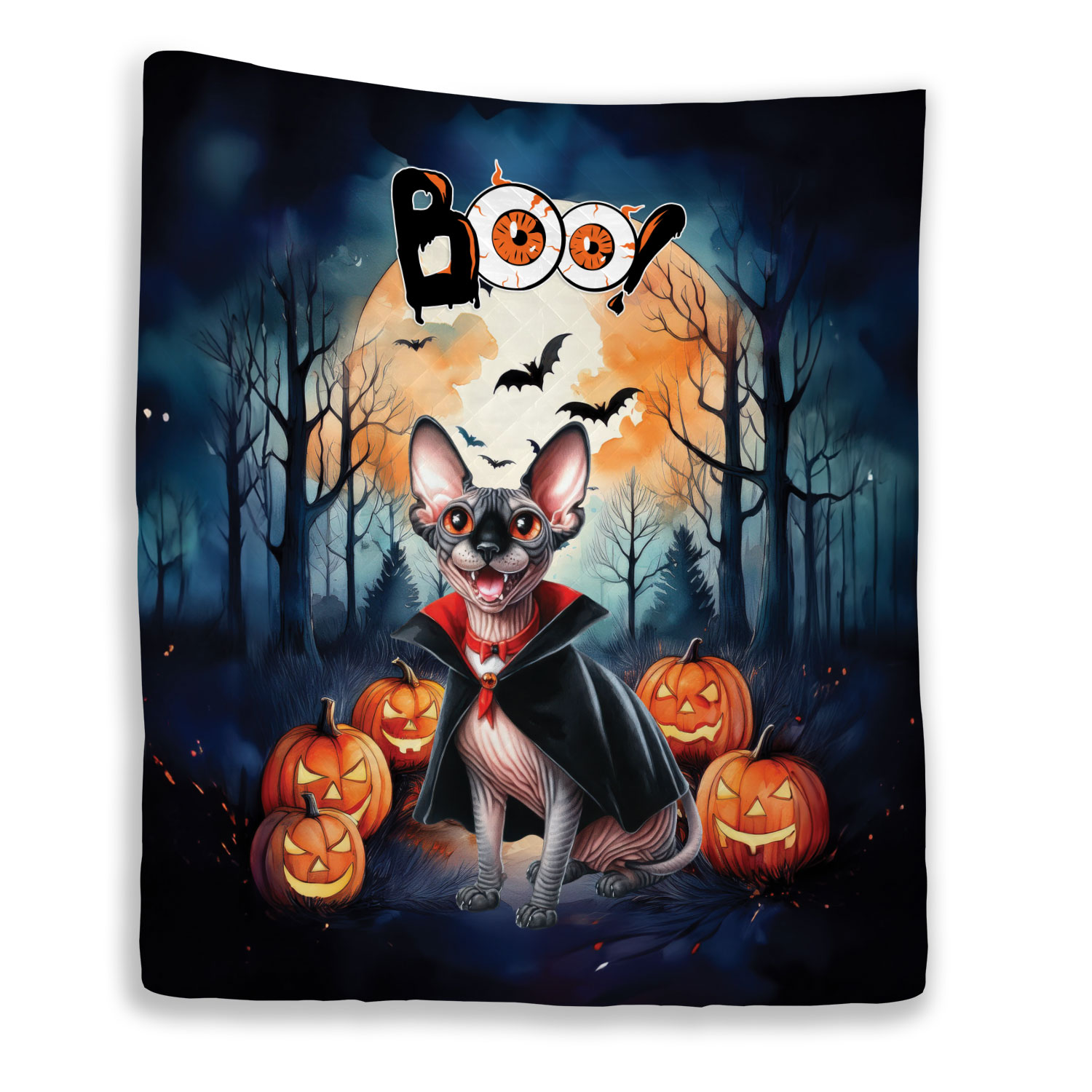 Happy Halloween Vampire Sphynx BOO with Pumpkins Fun and Spooky Quilt ...