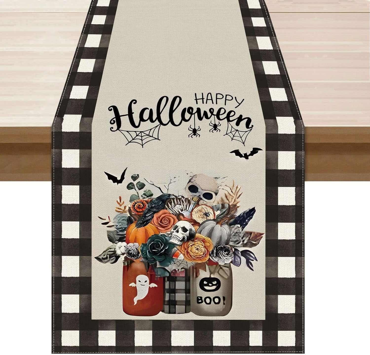 Happy Halloween Vase Flower Buffalo Plaid Spooky Ghost Table Runner ...