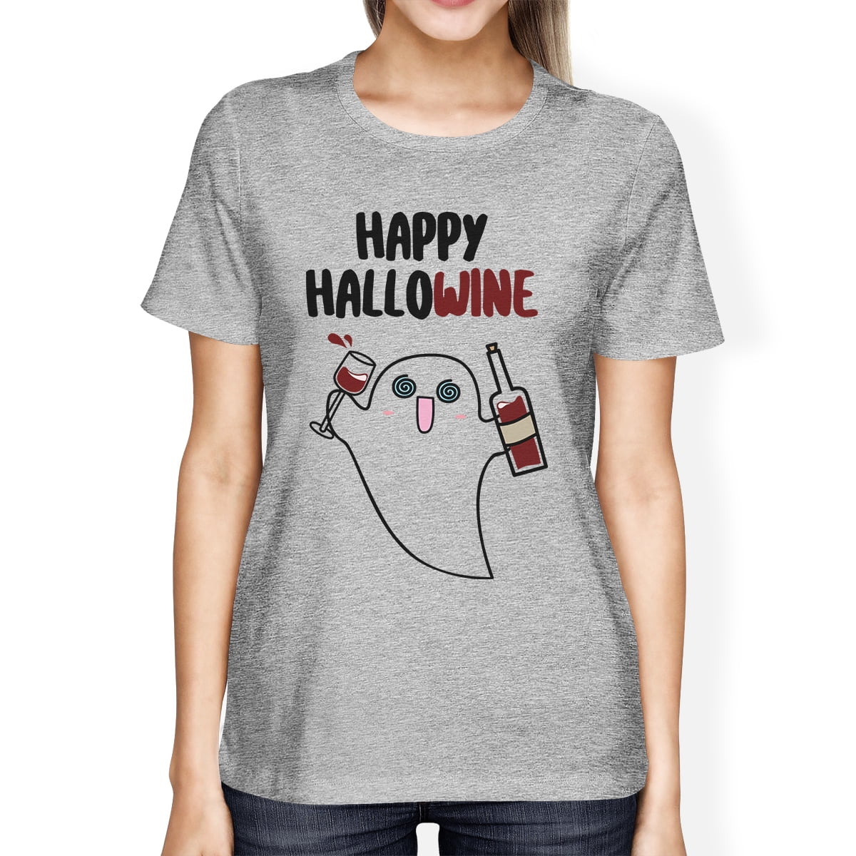 Happy Hallowine Ghost Wine Womens Grey Shirt - Walmart.com