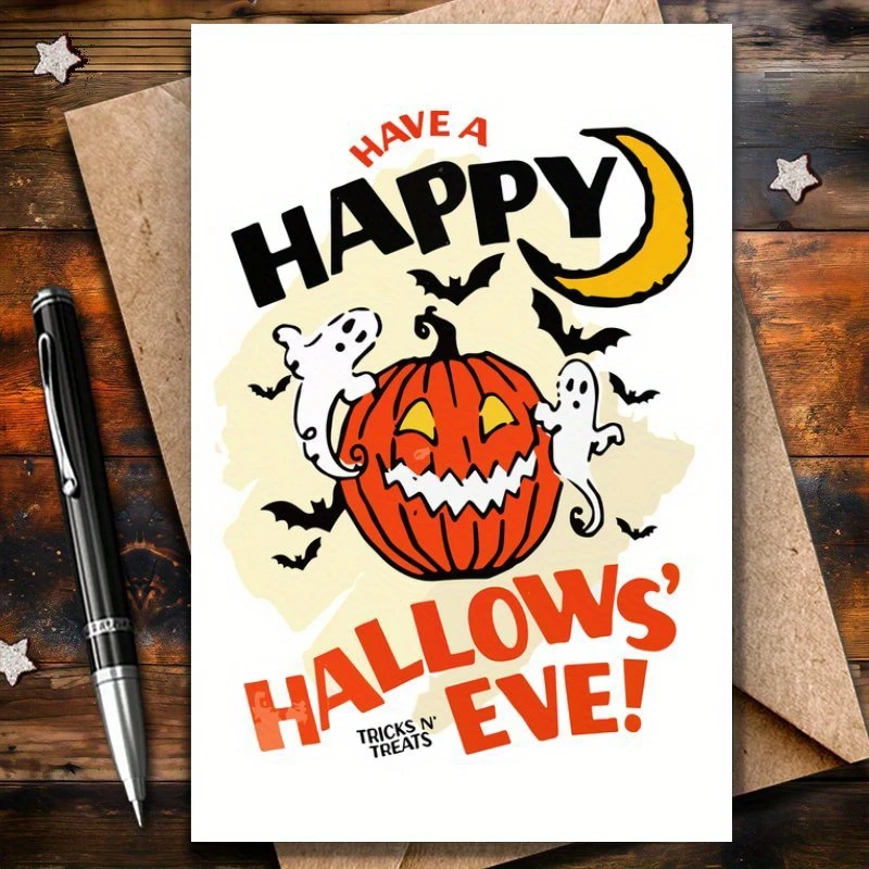 Happy Hallows’ Eve Card – Fun Pumpkin and Ghost Design – Blank Inside ...