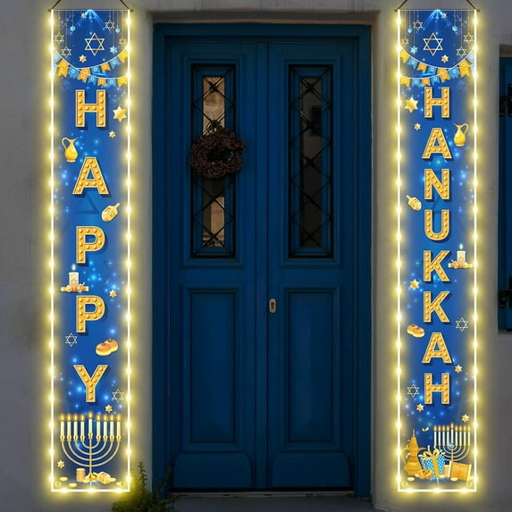 Happy Hanukkah Banner with String YANTON Hanukkah Porch Sign Banner ...
