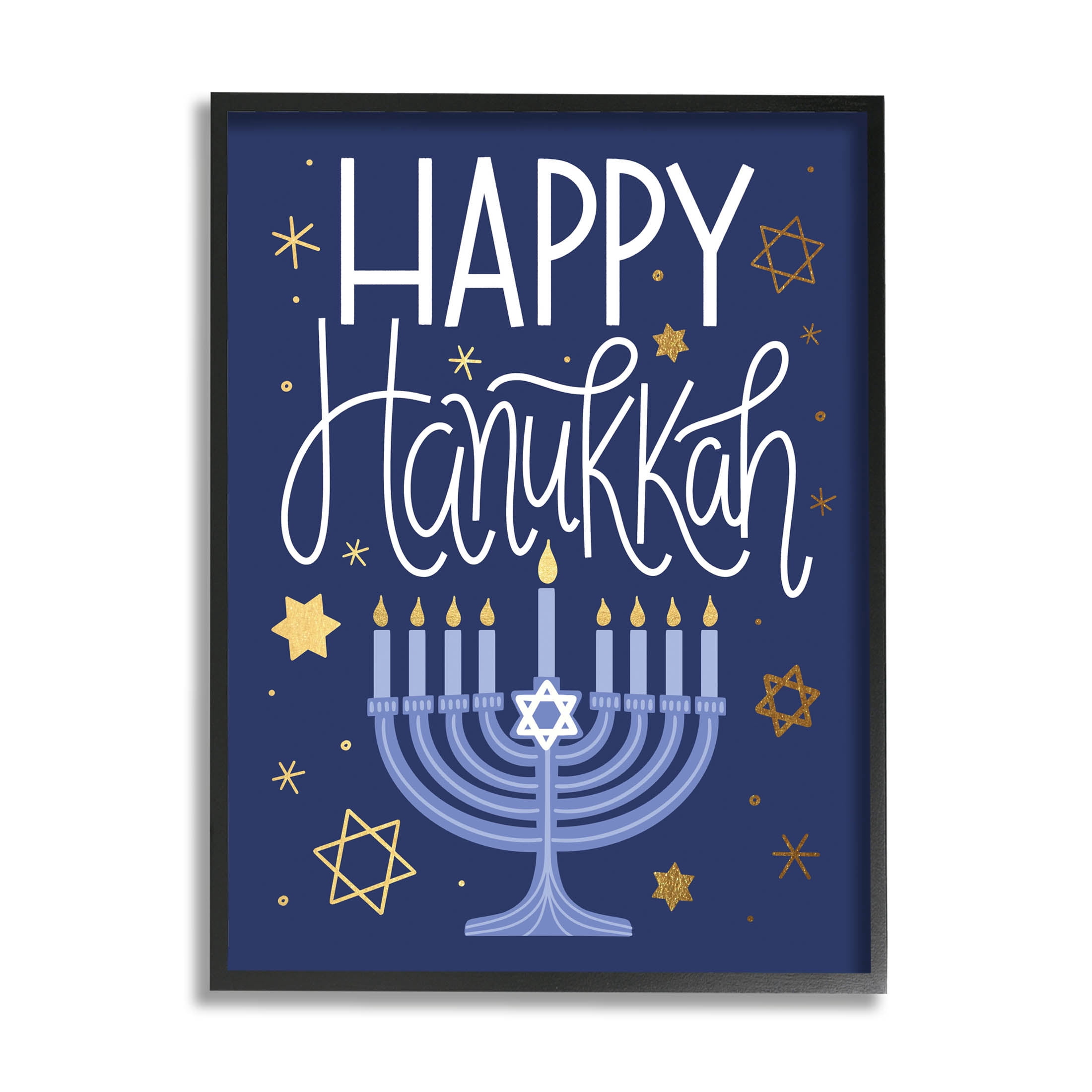 Happy Hanukkah Blue Menorah Pattern Holiday Graphic Art Black Framed ...