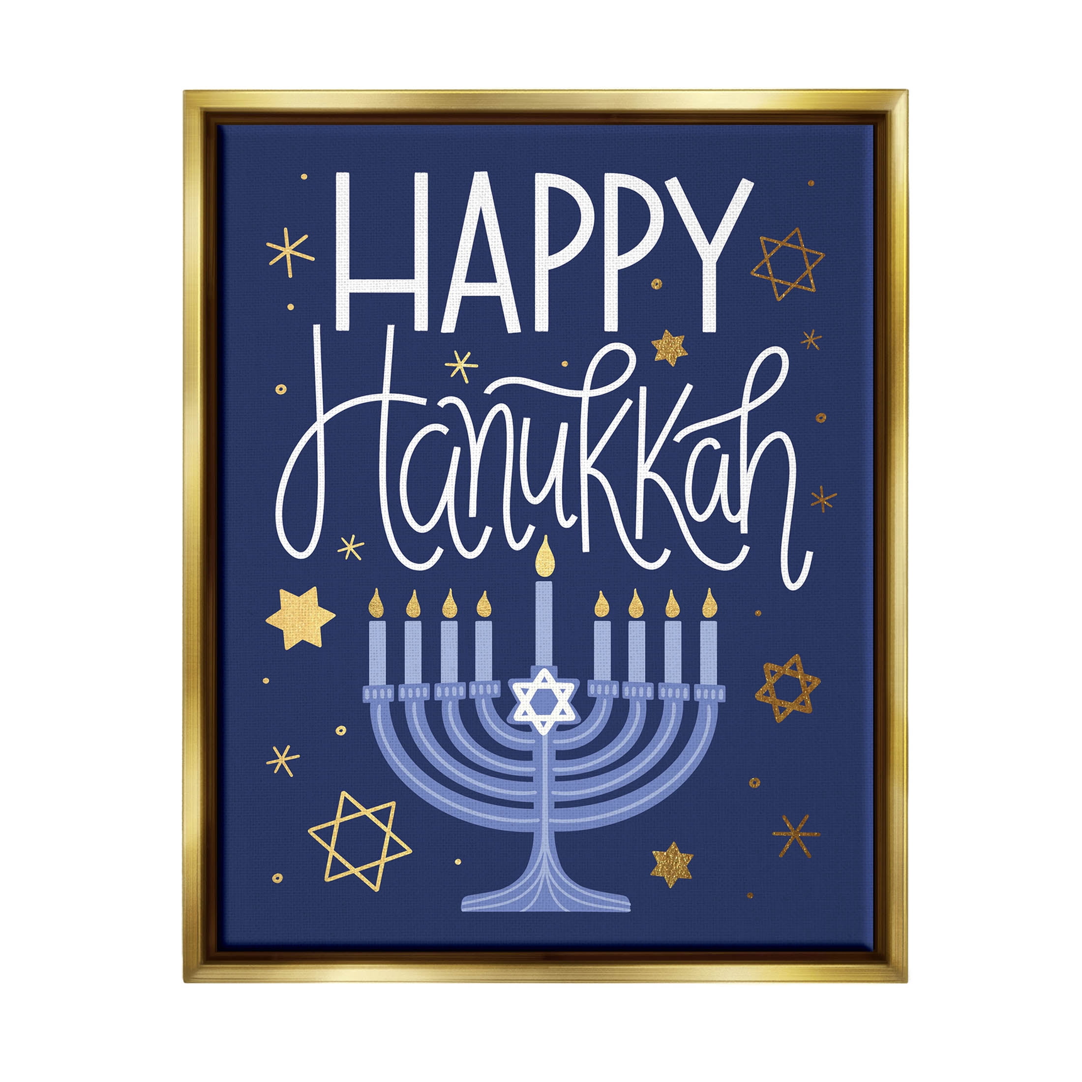 Stupell Industries Happy Hanukkah Menorah Art Gold Framed Floating ...
