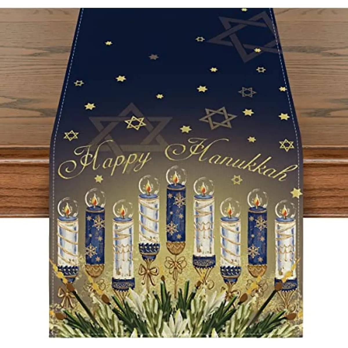 Happy Hanukkah Candle Star Print Table Runner Seasonal Kitchen Table ...