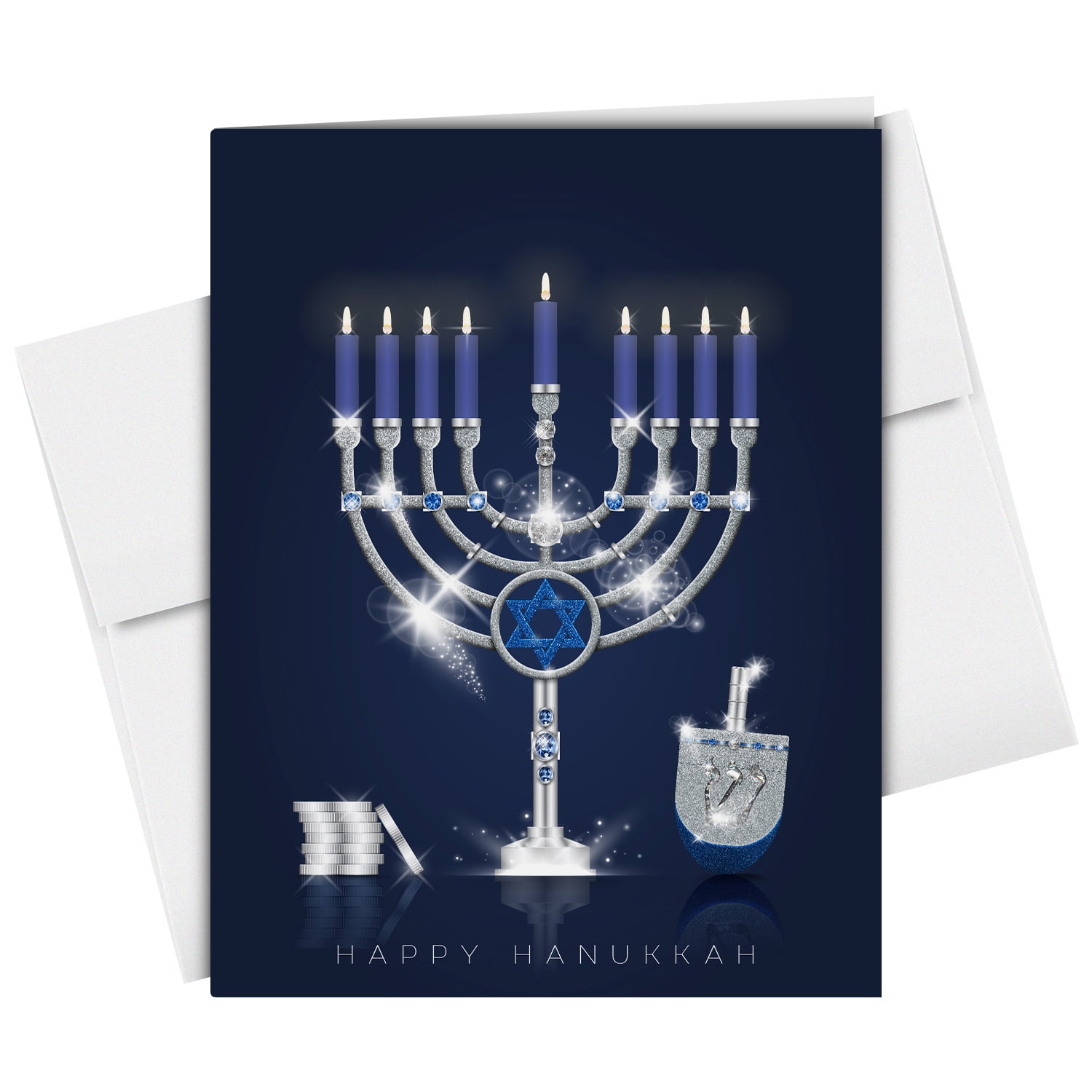 Happy Hanukkah Greeting Cards, Elegant Blue Menorah, Dreidel and Silver ...