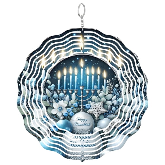 Happy Hanukkah Menorah Blue Silver 3D Wind Spinner, UV Printed Tinplate ...