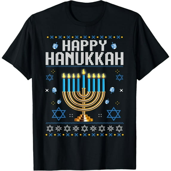 Happy Hanukkah Menorah Dreidel Ugly Chanukah T-Shirt- American fashion ...