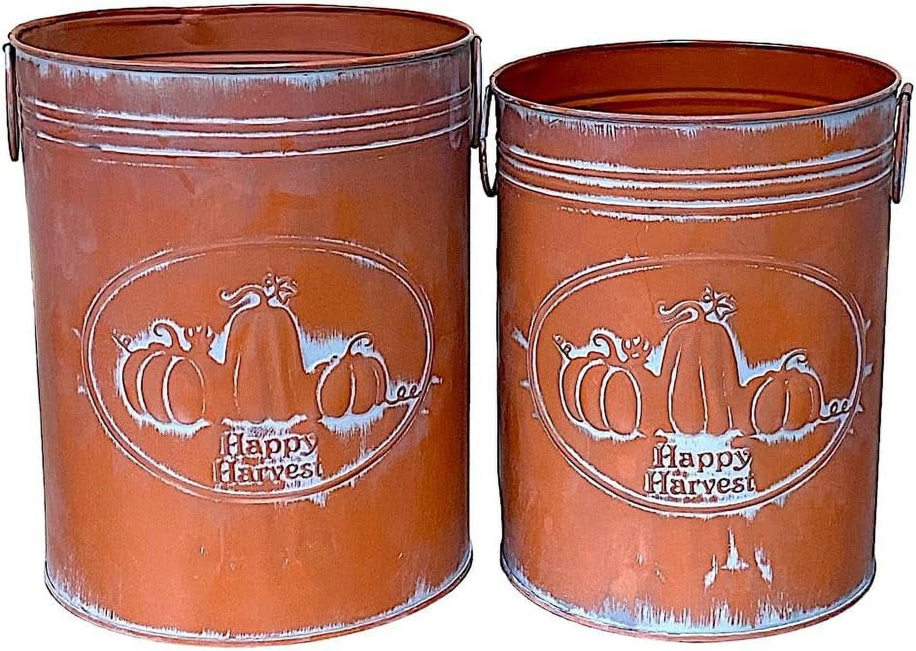 Happy Harvest Buckets Large Metal Burnt Orange Pumpkin Designed Set of ...