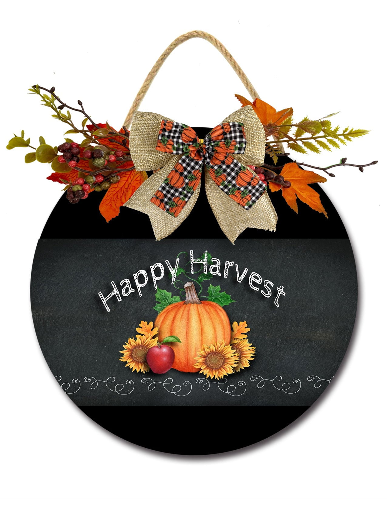 Happy Harvest Sign Front for Door Decoration, 11 in Round Wood Wreaths ...