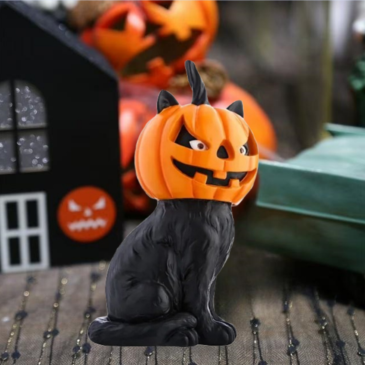 Happy Haunting Black Cat & Jack-o'-Lantern Blow Mold, 13" Smiling Black ...