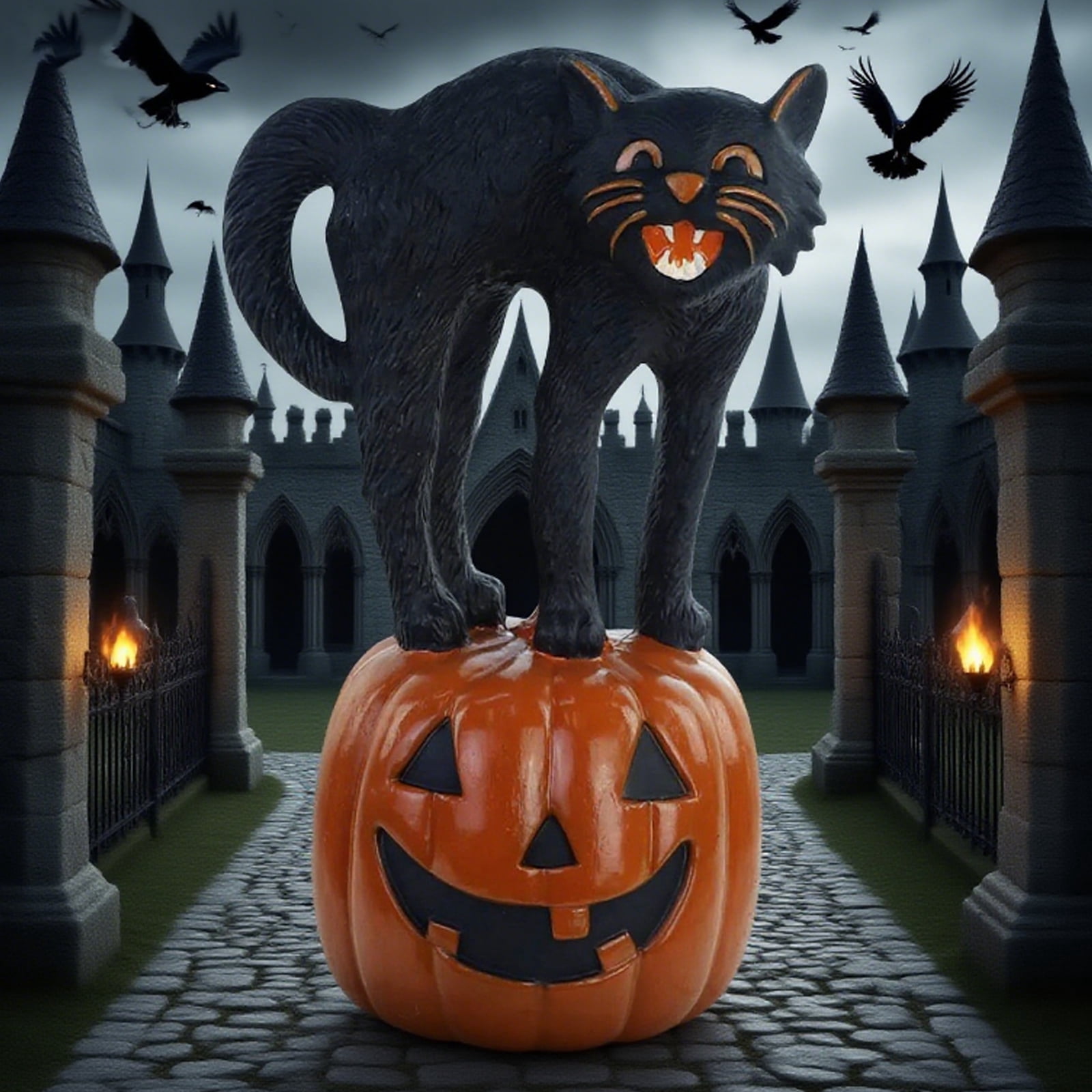 Happy Haunting Black Cat & Jack - o'- Lantern Blow Mold 7.8" Statue Cat ...