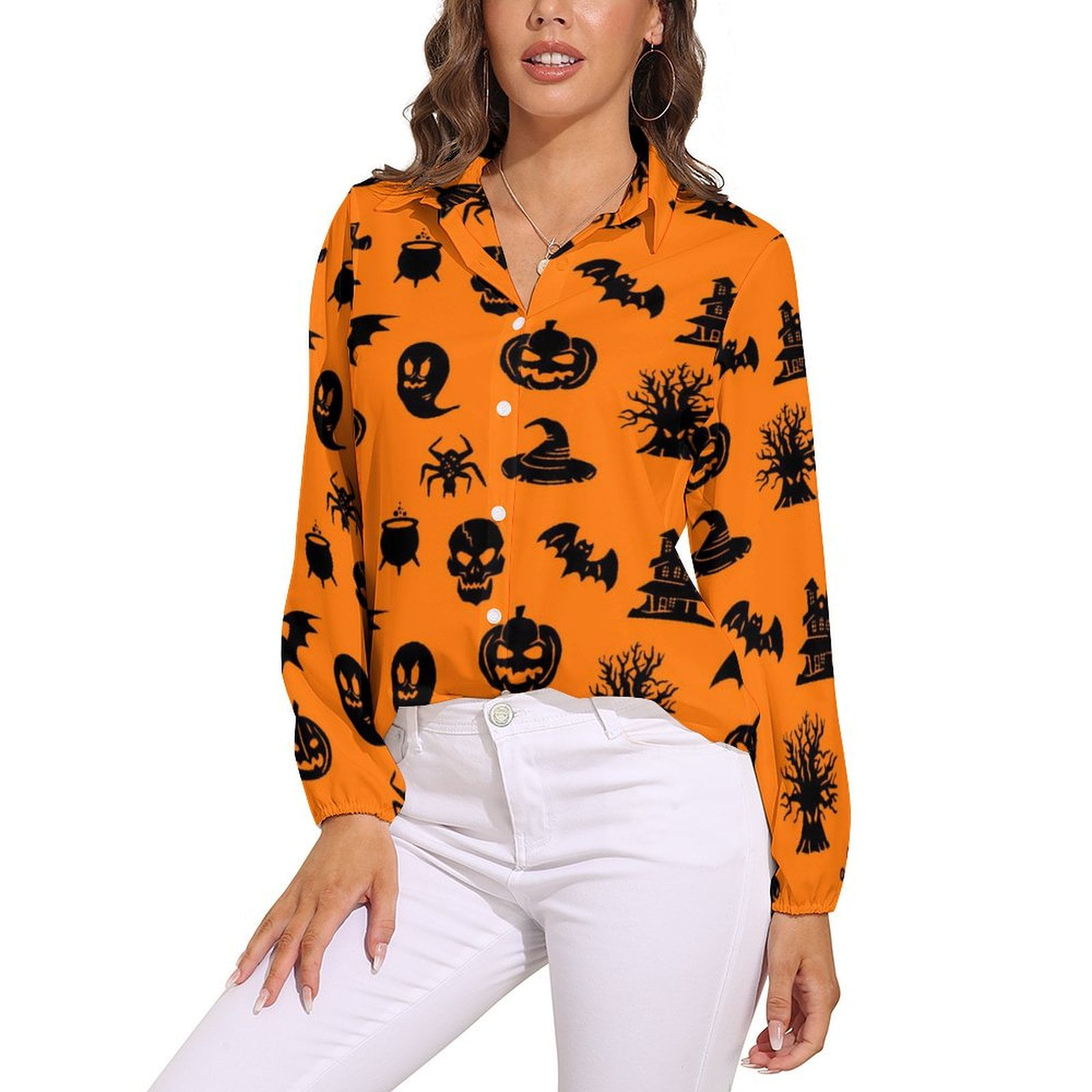 Happy Haunts Blouse Long-Sleeve Halloween Cat Funny Blouses Womens ...