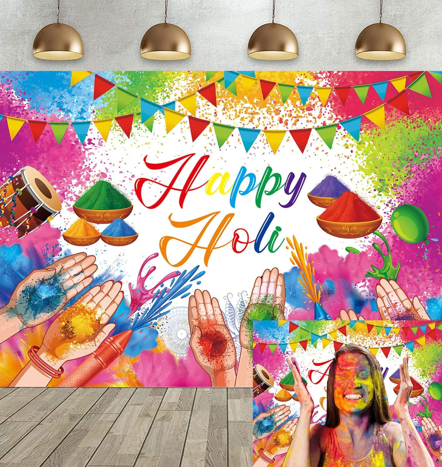 Happy Holi Photo Backdrop Hindu Colorful Powder Graffiti Handprint ...
