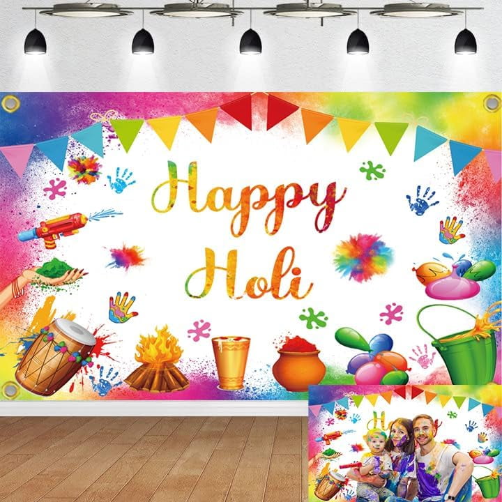 Happy Holi backdrop India colorful powder graffiti handprint pattern ...