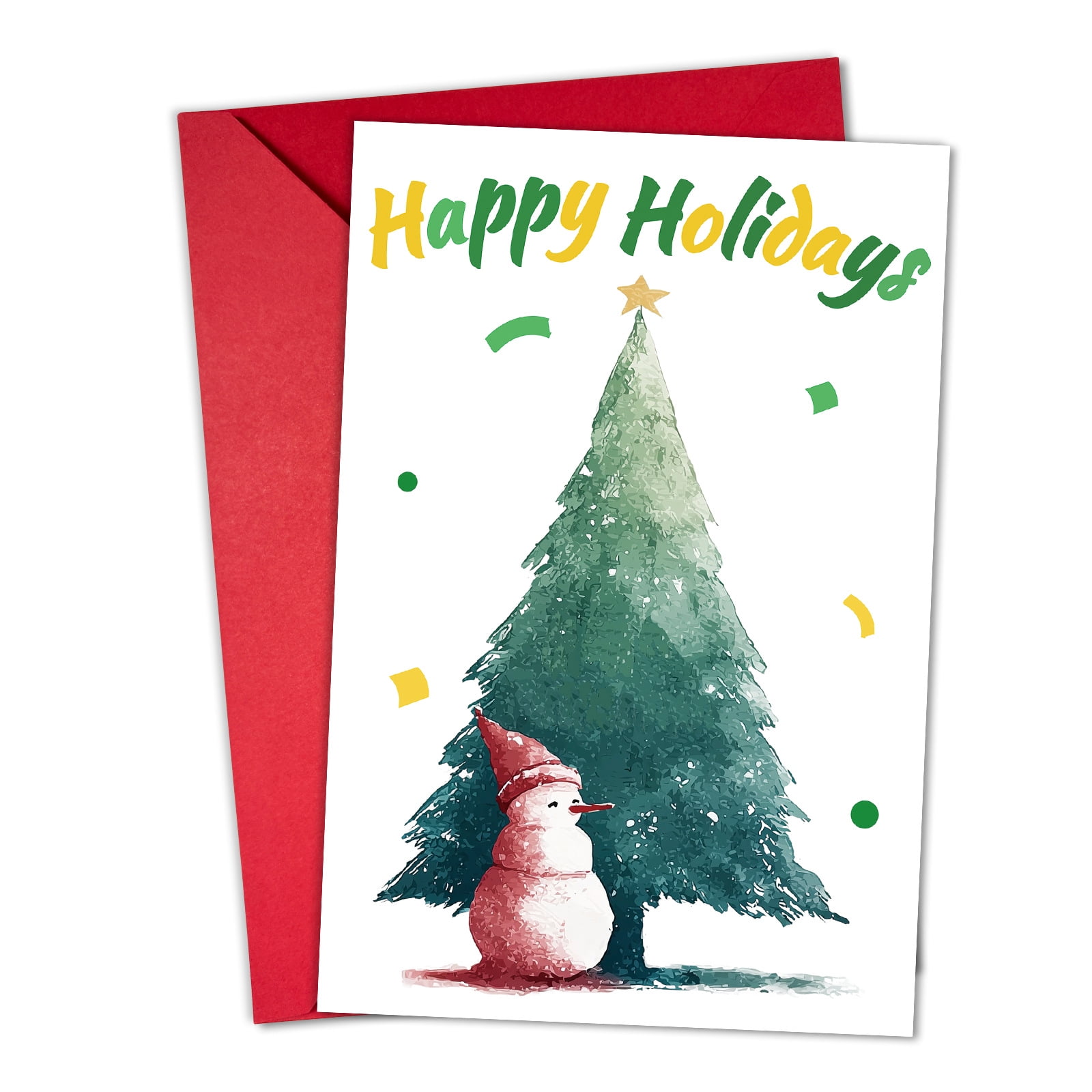 Happy Holidays Card with Snowman and Christmas Tree Design – Blank ...