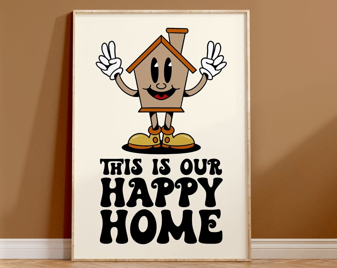 Happy Home House Retro Character Print - 60S 70S Fun Retro Poster ...