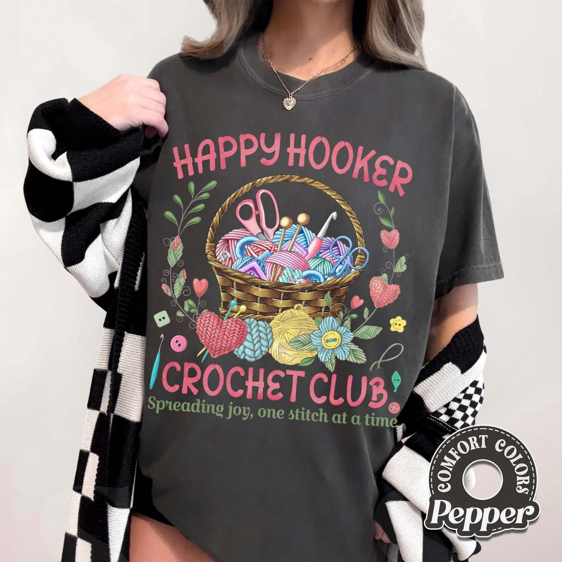 Happy Hookers Crochet Club Shirt, Funny Crochet T-Shirt, Smiley Flower Yarn Tee, Retro Crochet ...