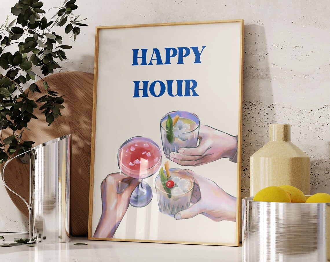 Happy Hour Art Print, Bar Cart Wall Art, Retro Cocktails Poster ...