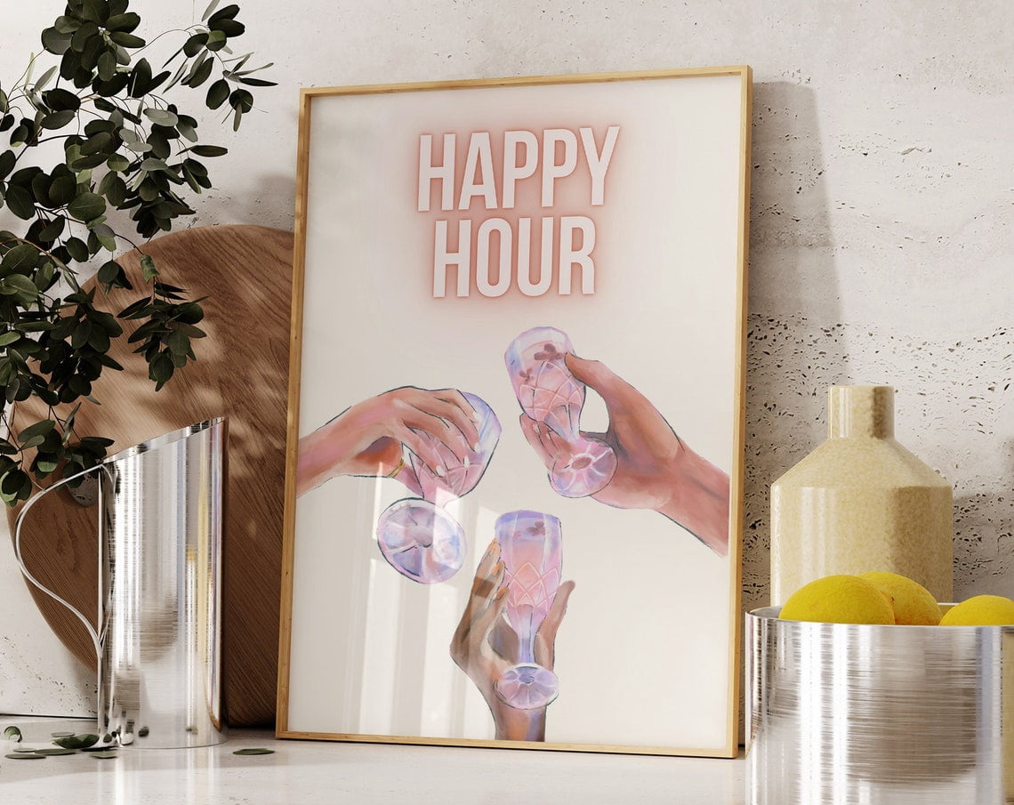 Happy Hour Art Print, Bar Cart Wall Art, Retro Cocktails Poster ...