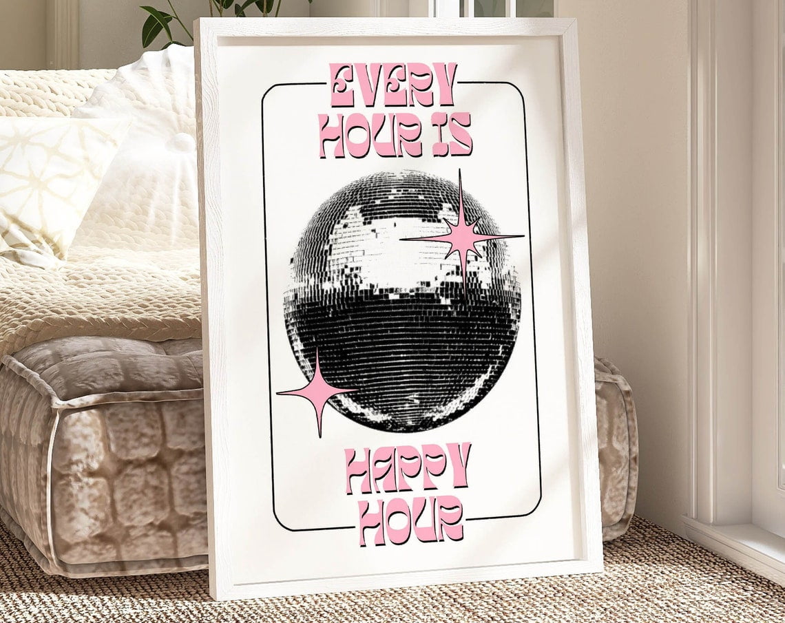 Happy Hour Bar Cart Sign Disco Art Print Funky Decor, Preppy Wall Art ...