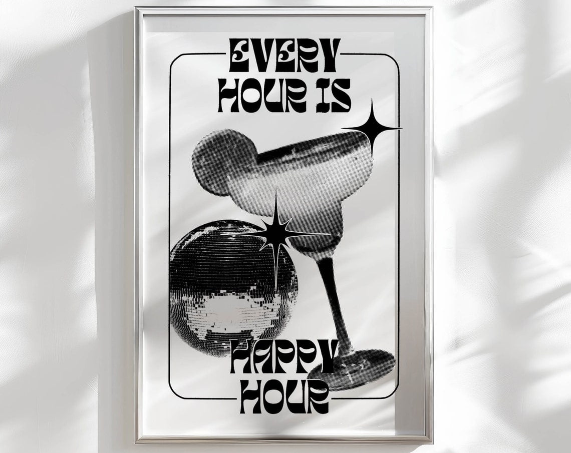 Happy Hour Cocktail Poster Funky Decor Bar Cart Art, Black And White ...