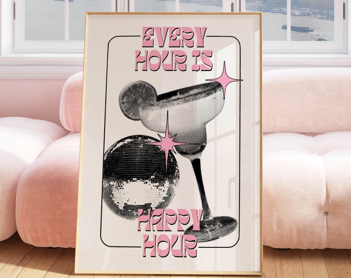 Happy Hour Cocktail Poster Funky Decor Bar Cart Art, Preppy Retro Art ...
